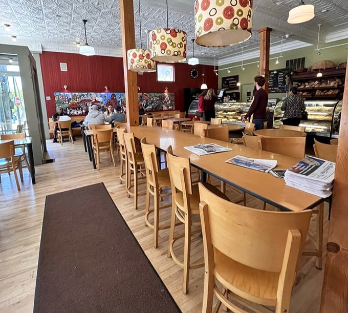 Inside, warm wood tones and colorful pendant lights create the perfect backdrop for carb-induced euphoria. Diet plans check in but they don't check out.