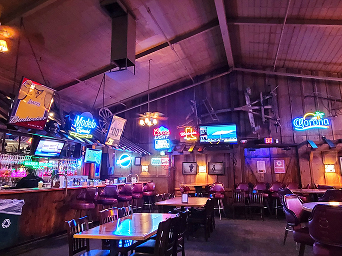 Where beer signs glow like campfires and wooden beams tell stories overhead—this isn't just a bar, it's a Central Valley institution.