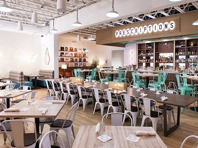 Modern farmhouse vibes with those turquoise chairs that somehow make everything taste better – it's science, probably.