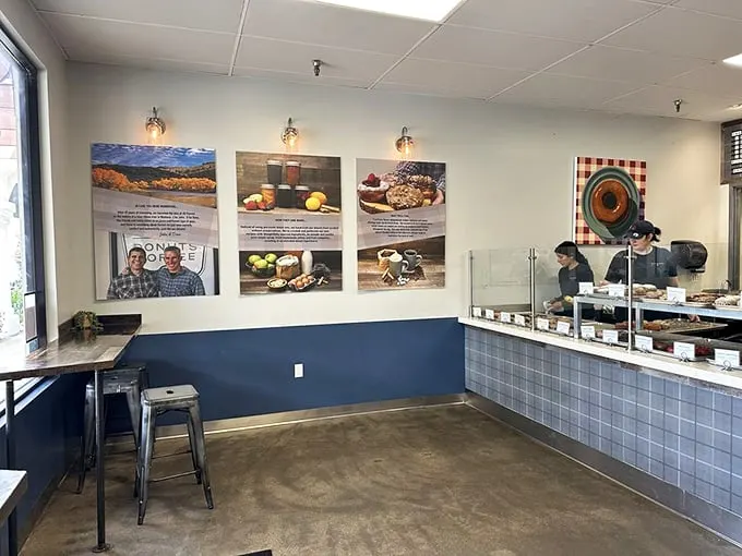 Minimalist blue and concrete create the perfect backdrop for the real stars—those glorious donuts waiting behind spotless glass.
