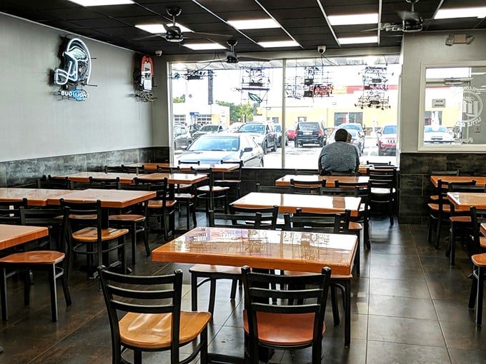 Clean lines, warm lighting, and plenty of seating create the perfect stage for some serious eating.