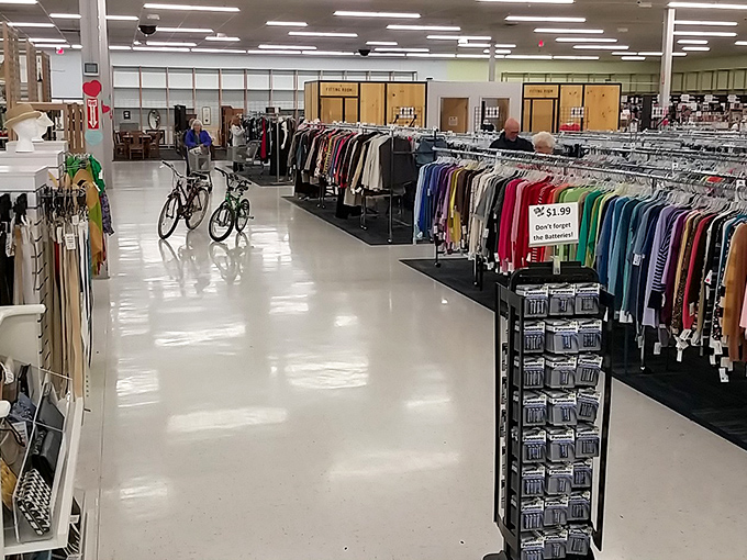 Wide, gleaming aisles invite exploration rather than intimidation. This isn't your grandmother's cluttered thrift shop—it's thrifting for the 21st century.