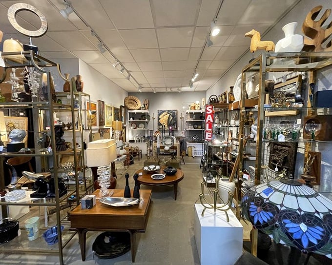 Treasure hunters, prepare yourselves! Gold-toned shelving units create aisles of possibility, with mid-century furniture and vintage lamps waiting for their second act.