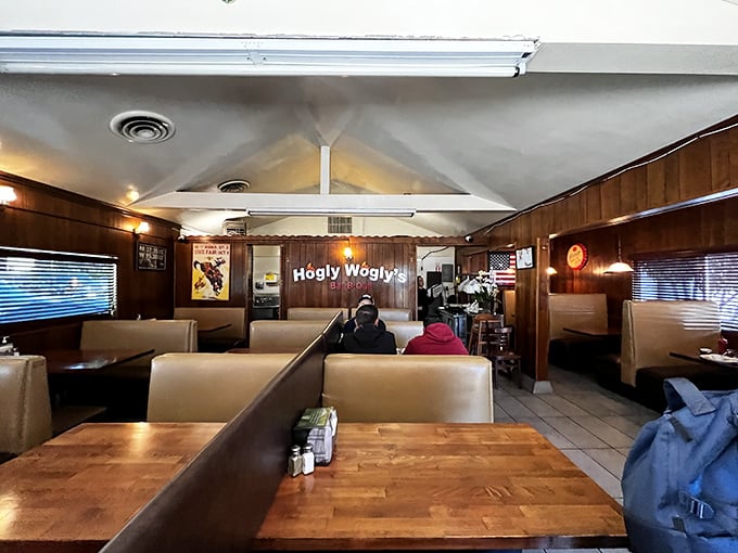 Wood paneling and vinyl booths—the universal language of "the food here means business." No Edison bulbs or reclaimed wood needed when flavor does the talking.
