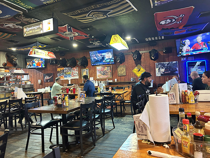 Where hunting lodge meets hometown tavern. The mounted heads keep watch as diners dig into burgers, debating who’s buying the next round.