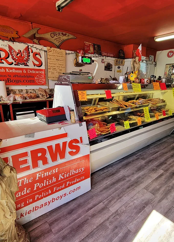 Step inside and time stands still—display cases brimming with sausage varieties that would make your cardiologist nervously update their contact information.