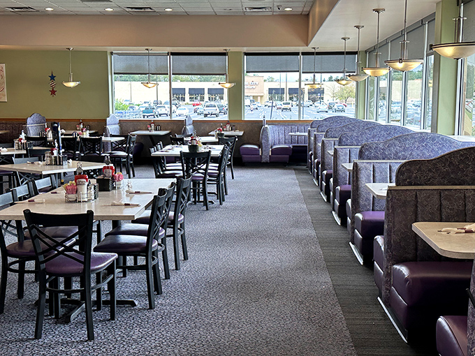 Purple booths and natural light create the perfect backdrop for morning conversations. This isn't just a place to eat—it's where Mechanicsburg residents solve the world's problems over coffee.