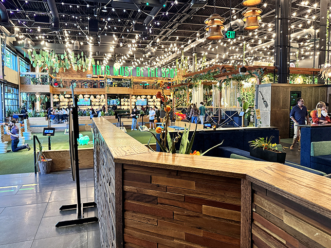 Step inside and the magic unfolds – twinkling lights, wooden accents, and an open layout that whispers, "Your boring Tuesday night just got a major upgrade."