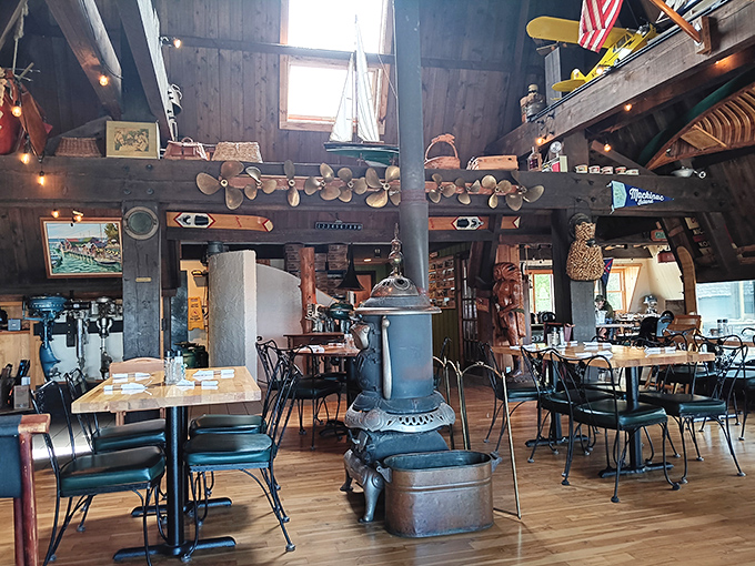 Step inside and you're transported to a maritime time capsule. That wood-burning stove isn't just for show—it's keeping Michigan winters at bay while you feast.