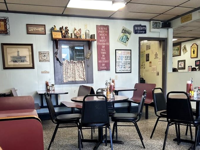 Nostalgic decor that feels like breakfast at your favorite aunt's house—if your aunt collected charming signs and served the best coffee in Tennessee.