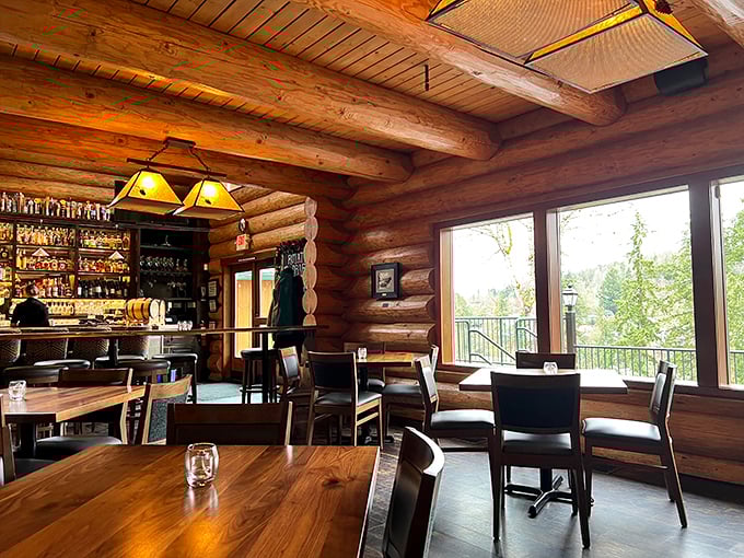 Where timber meets taste. The warm wooden interior creates an atmosphere that makes you want to linger over your meal while gazing at that spectacular forest view.