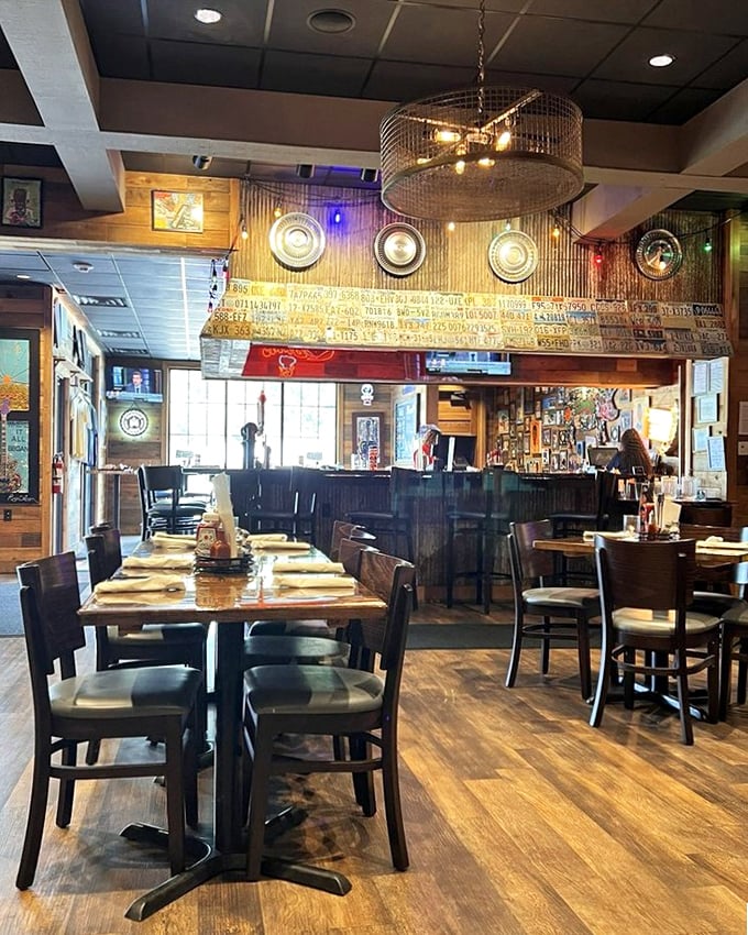 Step inside and the rustic charm immediately wraps around you like a warm, smoky hug. Those hanging lights aren't just illuminating—they're spotlighting barbecue greatness.
