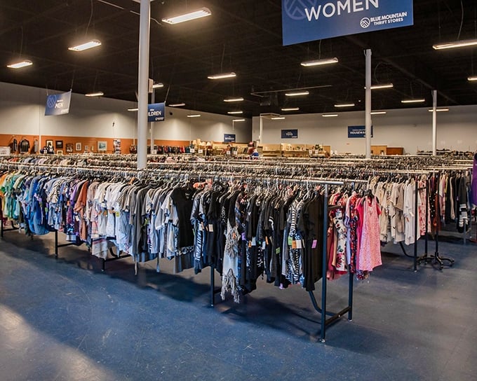 Clothing racks stretch toward the horizon like an ocean of possibilities. This isn't shopping; it's a treasure hunt with better lighting.