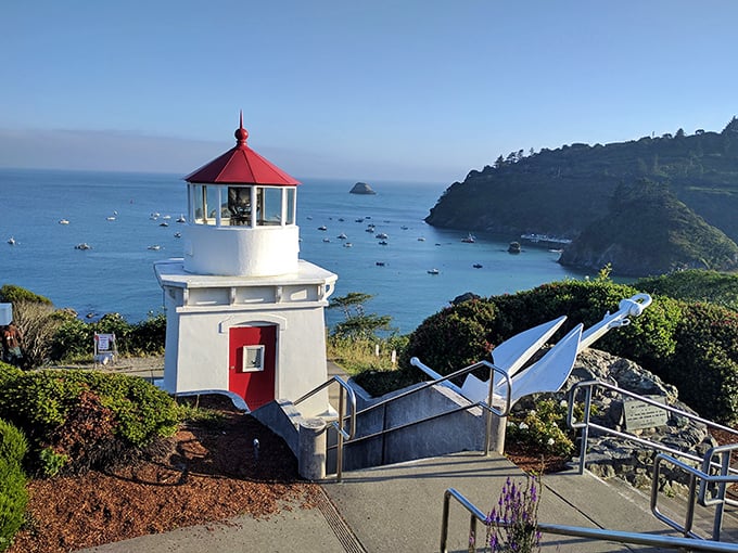 This isn't just a lighthouse—it's a postcard come to life, standing guard over Trinidad Bay with all the charm of a maritime sentinel in miniature.