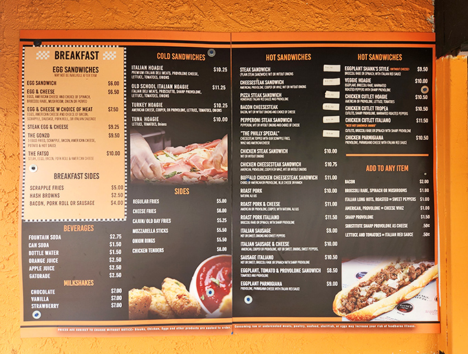 The menu board at Shank's reads like a love letter to Philadelphia cuisine. Breakfast, cold sandwiches, hot sandwiches—decisions that could change your day.