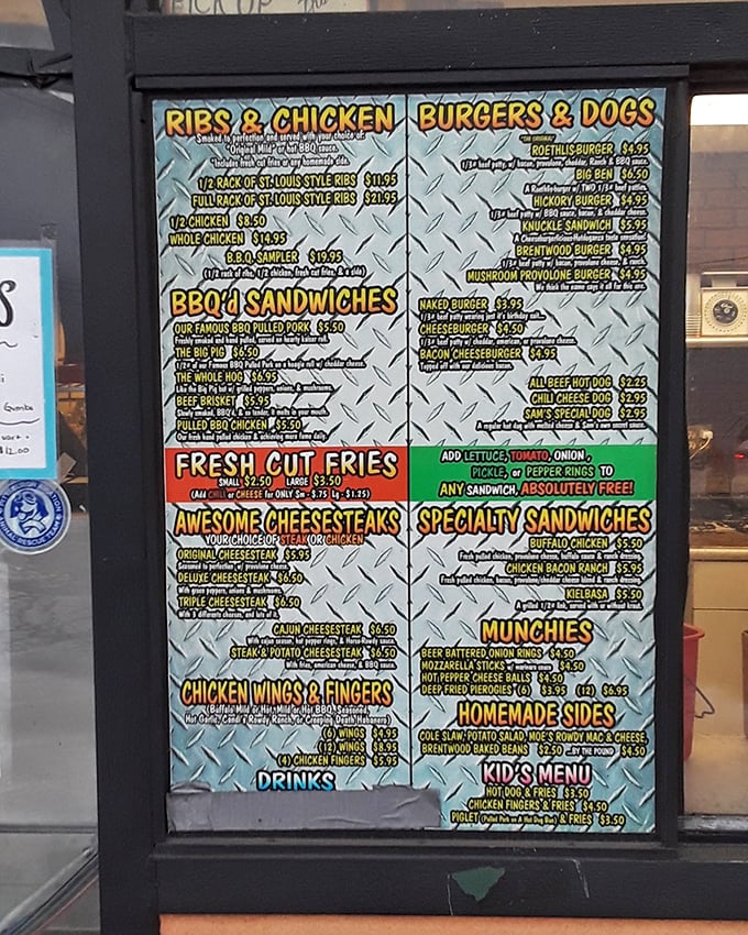 A menu that doesn't mince words—just promises meat magic. The diamond-plate background is your first clue: this place means serious business.