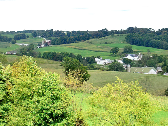 The quintessential Amish Country landscape unfolds like nature's quilt – patches of farmland, forest, and homesteads stitched together with country roads.