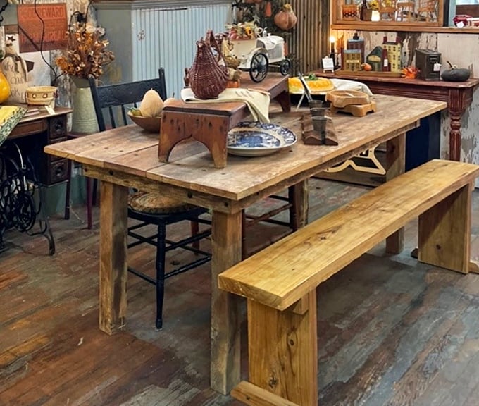 This isn't just a table—it's a silent historian that could tell tales of family gatherings spanning generations. The perfect marriage of function and farmhouse character.
