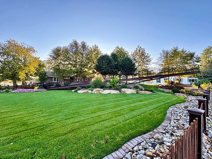 Perfectly manicured grounds surround Casey's giant attractions, proving that even the most outlandish ideas deserve beautiful landscaping.