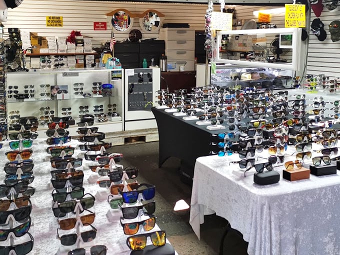Sunglasses as far as the eye can see—which is ironic, since that's exactly what they're designed to protect. A rainbow of styles awaits the discerning bargain hunter. 