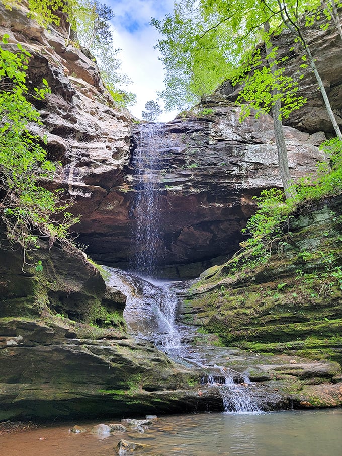 The park's crown jewel – a cascading waterfall plunges dramatically through layered sandstone, creating a scene worthy of the most expensive travel magazines.