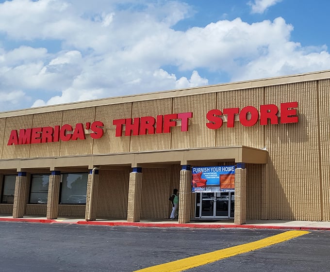 America's Thrift Store doesn't whisper about bargains—it announces them in bold red letters against the Georgia sky.