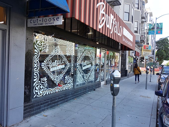 Buffalo Exchange's artfully decorated windows showcase their curated approach to secondhand. This isn't grandma's thrift store – it's fashion's second act!