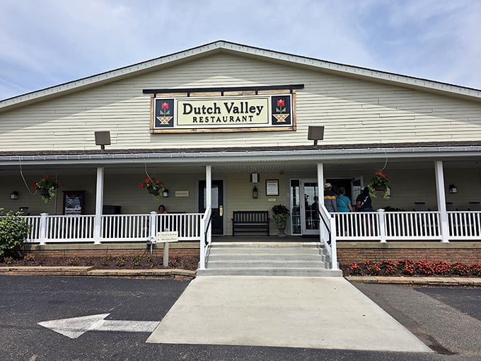 Dutch Valley Restaurant welcomes hungry travelers with its pristine white exterior. This isn't just a meal – it's a destination!