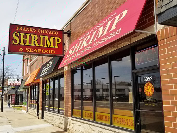 Frank's bold red sign promises exactly what you'll get—no-frills, spectacular Chicago-style shrimp that locals line up for.