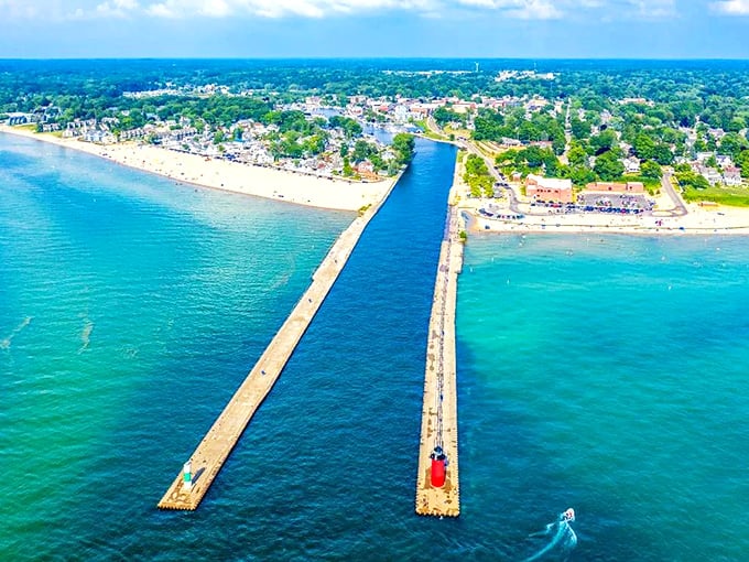 Grand Haven: Where turquoise waters meet golden beaches – Mother Nature showing off her color coordination skills at their finest.