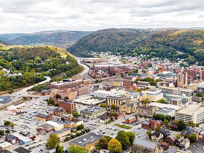 Johnstown's aerial view reveals a town nestled between mountains, where history and affordability meet in perfect harmony.