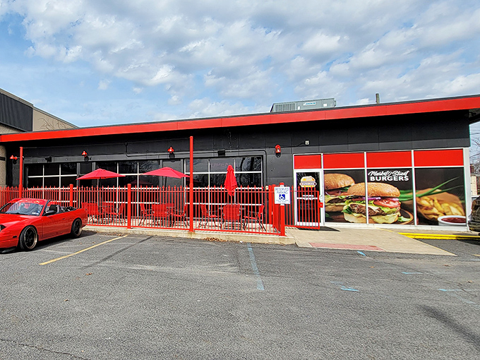 Market Street Burgers' bold red exterior makes no apologies – it's here to serve serious burgers, not to blend in.