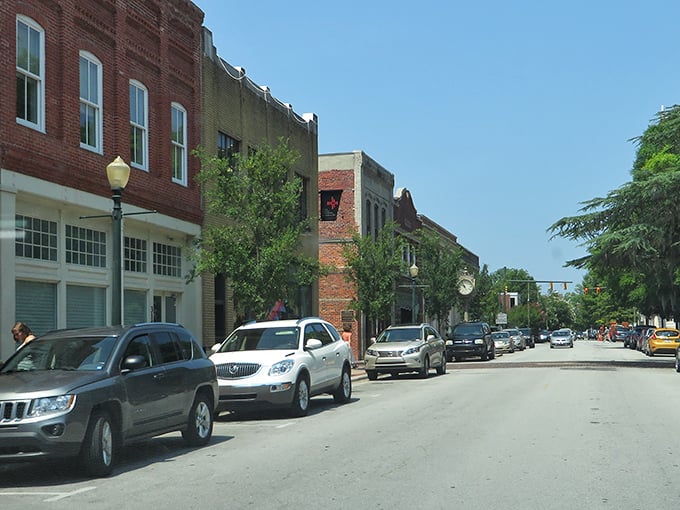 Charming downtown view of New Bern, showcasing historic brick buildings, tree-lined streets, and local shops on a sunny afternoon.