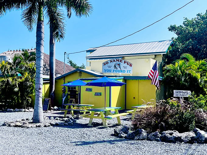 No Name Pub's yellow facade hides one of the Keys' best-kept secrets – until you actually find it!