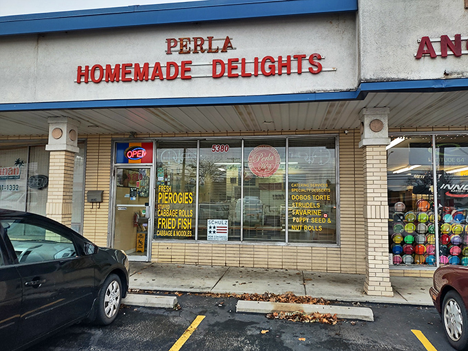 Perla's storefront might be humble, but those yellow signs promise pierogi treasures that are anything but ordinary.