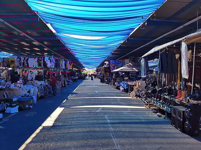 Blue tarps create a cool shopping haven at Phoenix Park 'n Swap, where treasures wait around every corner.
