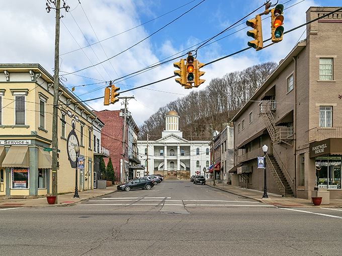Pomeroy's unique one-street layout hugs the Ohio River, with the majestic courthouse standing watch over this affordable river town.