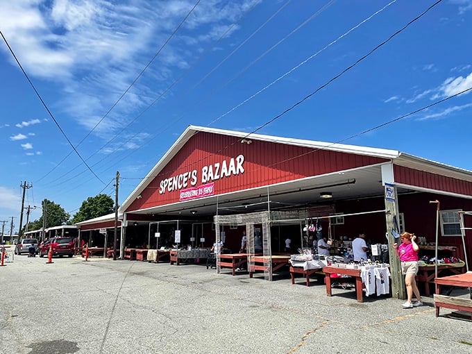 Spence's Bazaar's bright red exterior isn't just eye-catching—it's practically a lighthouse for bargain hunters!