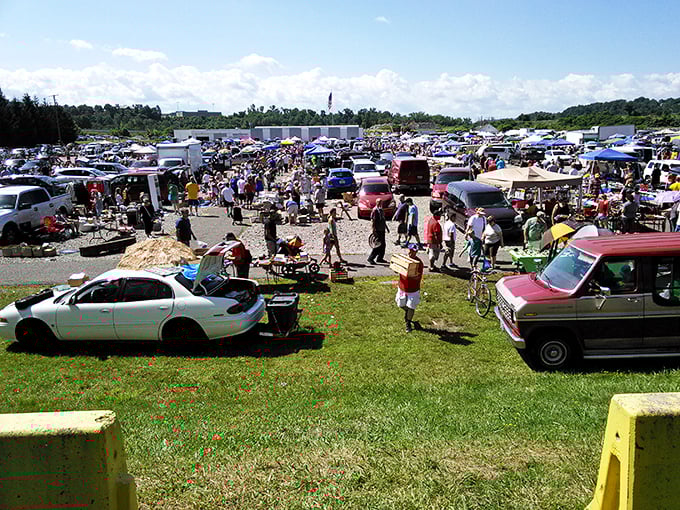 The ultimate treasure hunt in action! Trader Jack's sprawling parking lot transforms into a bustling marketplace where one person's junk becomes another's treasure.