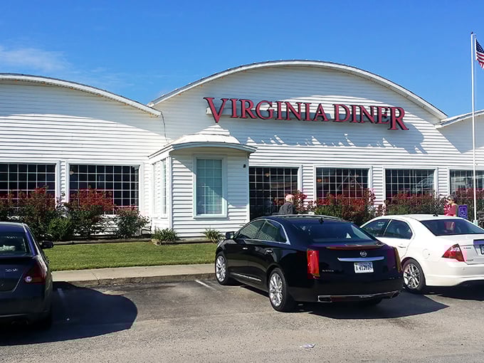 Virginia Diner's curved white roof stands out against the blue sky like a beacon for hungry travelers on country roads. 
