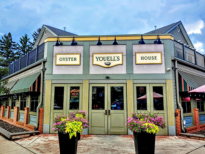 Youell's Oyster House stands proud with its mint-green facade—like the Emerald City for seafood lovers.