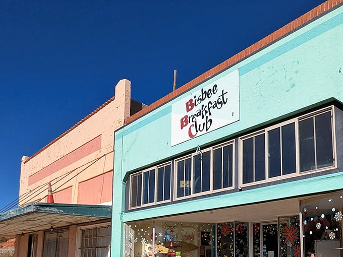 Holiday decorations add festive charm to this beloved breakfast spot where locals gather for their morning ritual in historic Bisbee.