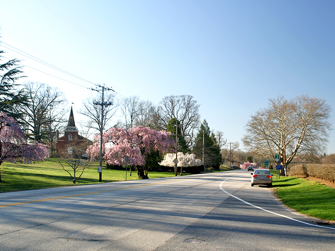 Spring blossoms frame this historic church along the byway. Even the trees dress up for Sunday service here!