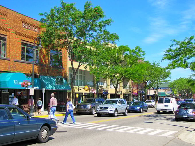 Sun-drenched streets of Charlevoix beckon with the promise of boutique treasures and afternoon ice cream. Those trees aren't just pretty—they're providing shade for professional loiterers.
