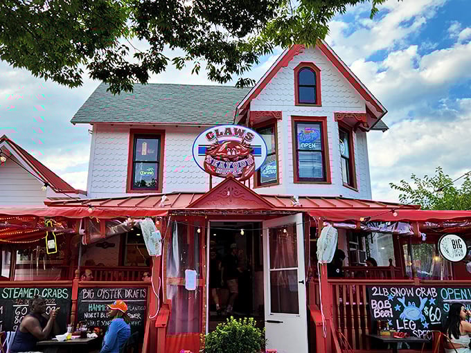 The cheerful outdoor seating at Claws is perfect for people-watching while cracking into the day's fresh catch.