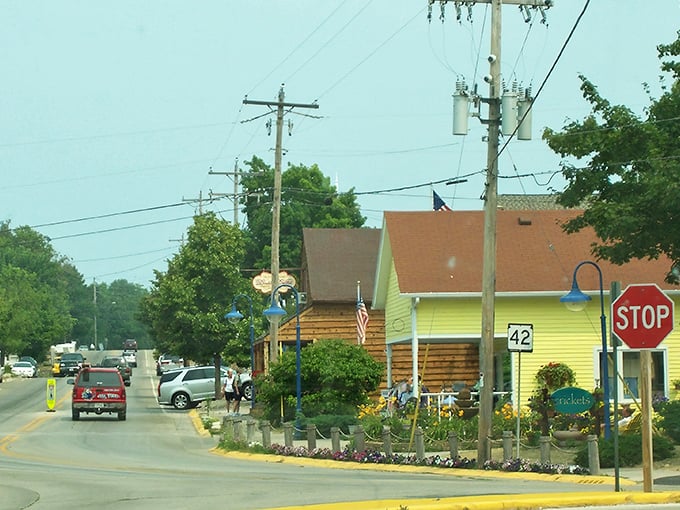 Colorful storefronts add charm to Egg Harbor's main drag – where "traffic jam" means three cars at the stop sign.
