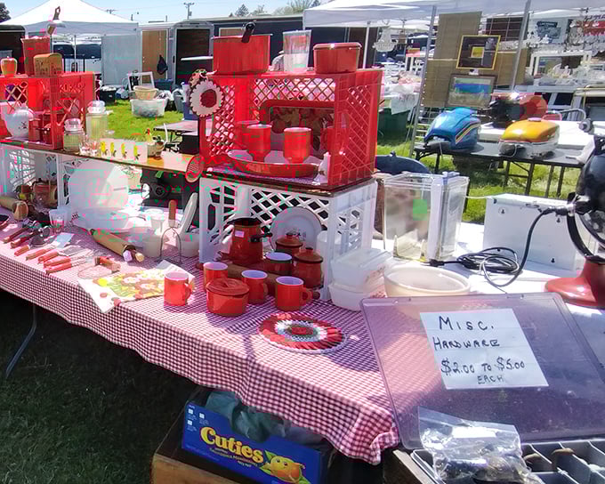 Red checkered tablecloths and retro kitchenware – this vendor's display is like stepping into a 1950s Better Homes & Gardens spread.