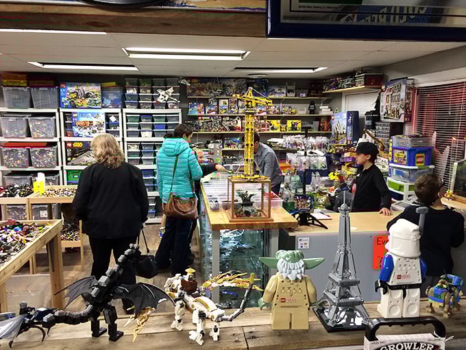 LEGO heaven! Bins of colorful bricks and assembled masterpieces make this corner of Finders Keepers a nostalgic playground.