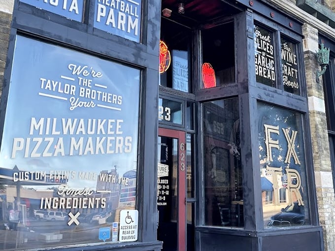 The Taylor Brothers' window promises "Milwaukee Pizza Makers" with "simple ingredients" – sometimes the best things in life really are that straightforward.