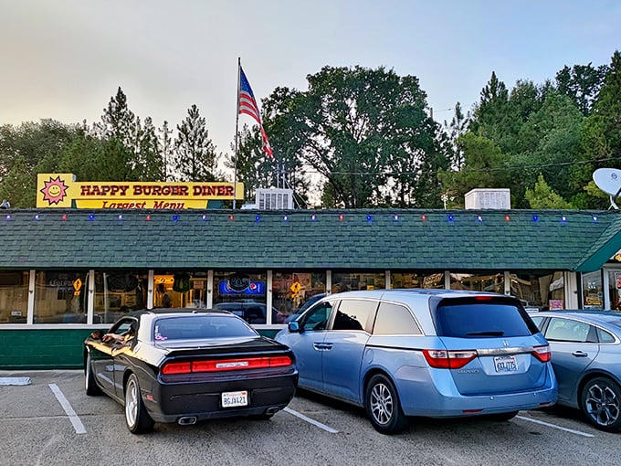 The American flag flies proudly above Happy Burger Diner, where road-trippers and locals alike find burger nirvana on the way to Yosemite.